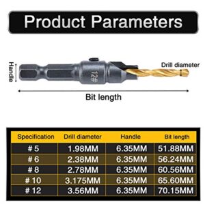 HOHXEN Titanium Coated Counter Bit Set Power Hand Drill Bit Tools Set Screw Hole Size Countersink Drill Bit Set with 1/4 Hex Shank Sets Countersink Drill Bits -5pcs