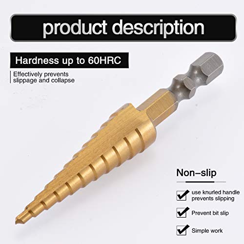 HOHXEN 1/4 Hex Shank Titanium Step Drill Bit High Speed Steel 11 Steps Hex Shank 3-13MM