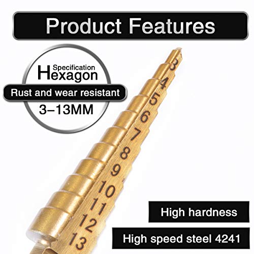 HOHXEN 1/4 Hex Shank Titanium Step Drill Bit High Speed Steel 11 Steps Hex Shank 3-13MM