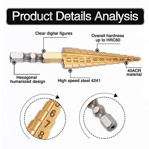 HOHXEN 1/4 Hex Shank Titanium Step Drill Bit High Speed Steel 11 Steps Hex Shank 3-13MM