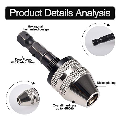 HOHXEN Keyless Mini 3-Jaw Drill Chuck Screwdriver Adapter with Quick-change 1/4" Hex Shank to Hold Straight-shank 0.3-3.6mm Drill Bits Milling Cutters for Micro-production, One Chuck (Not Three)