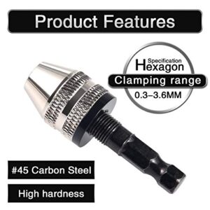 HOHXEN Keyless Mini 3-Jaw Drill Chuck Screwdriver Adapter with Quick-change 1/4" Hex Shank to Hold Straight-shank 0.3-3.6mm Drill Bits Milling Cutters for Micro-production, One Chuck (Not Three)