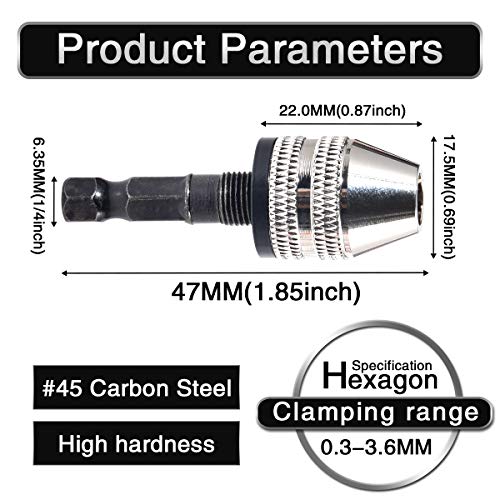 HOHXEN Keyless Mini 3-Jaw Drill Chuck Screwdriver Adapter with Quick-change 1/4" Hex Shank to Hold Straight-shank 0.3-3.6mm Drill Bits Milling Cutters for Micro-production, One Chuck (Not Three)