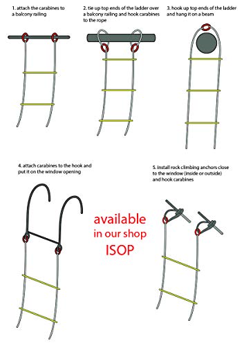 ISOP Emergency Fire Escape Rope Ladder 4 Story Homes 32 ft Innovative Solution - Unique Safety Ladder with Carabiners & Safety Cord & Safety Belt - Fast Deploy & Simple to Use - Compact & Reusable