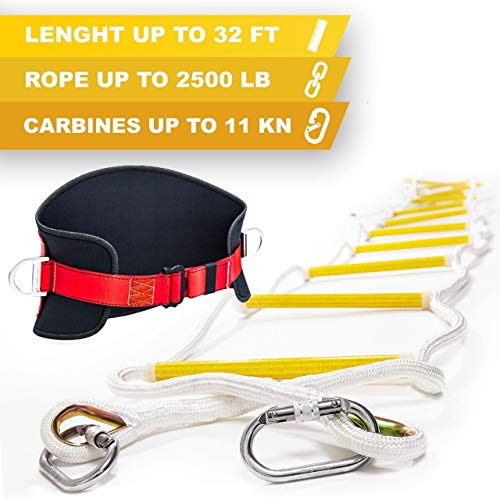 ISOP Emergency Fire Escape Rope Ladder 4 Story Homes 32 ft Innovative Solution - Unique Safety Ladder with Carabiners & Safety Cord & Safety Belt - Fast Deploy & Simple to Use - Compact & Reusable