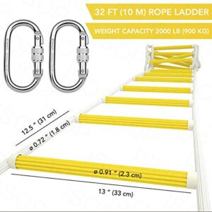 ISOP Emergency Fire Escape Rope Ladder 4 Story Homes 32 ft Innovative Solution - Unique Safety Ladder with Carabiners & Safety Cord & Safety Belt - Fast Deploy & Simple to Use - Compact & Reusable