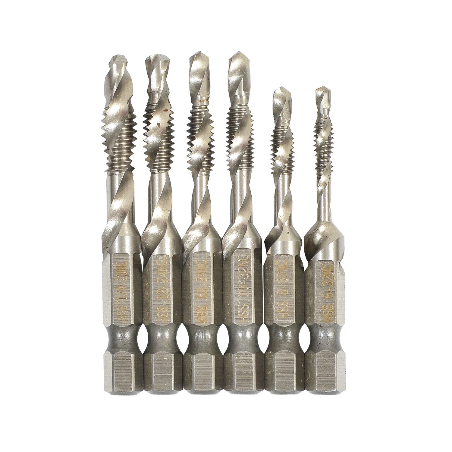 6Pcs/Set Hex Shank Drill Bits HSS 4341 Combination Drill and Tap Bit Screw Tap Deburr Countersink Bit (6-32NC 8-32 NC 10-32 NC 10-24 NC 12-24 NC 1/4-20 NC)