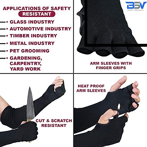 BSV Kevlar Cut, Scratch, Stab, Bite, Heat Resistant Mechanic Arm Protection Sleeves with Finger Opening -Unisex- 18 Inches, Black,1 Pair