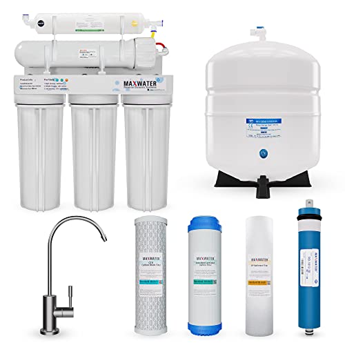 Max Water 5 Stage 50 GPD (Gallon Per Day) RO (Reverse Osmosis) Standard Water Filtration System + Faucet + Heavy Duty Tank - Under-Sink/Wall Mount - Model: RO-5W7