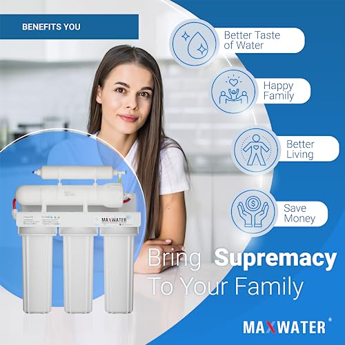 Max Water 5 Stage 50 GPD (Gallon Per Day) RO (Reverse Osmosis) Standard Water Filtration System + Faucet + Heavy Duty Tank - Under-Sink/Wall Mount - Model: RO-5W7