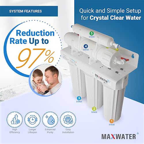 Max Water 5 Stage 50 GPD (Gallon Per Day) RO (Reverse Osmosis) Standard Water Filtration System + Faucet + Heavy Duty Tank - Under-Sink/Wall Mount - Model: RO-5W7