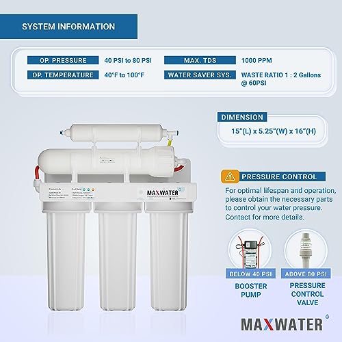 Max Water 5 Stage 50 GPD (Gallon Per Day) RO (Reverse Osmosis) Standard Water Filtration System + Faucet + Heavy Duty Tank - Under-Sink/Wall Mount - Model: RO-5W7