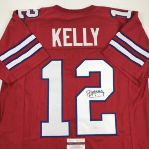 autographed/signed jim kelly buffalo red football jersey jsa coa