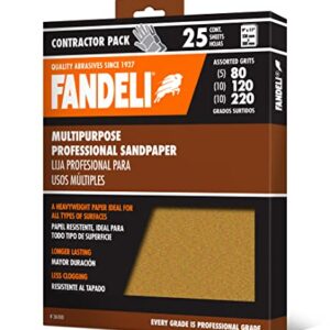 Fandeli | Multi-Purpose Sanding Paper | Assorted Grits (80,120,220) | 25 Sheets of 9'' x 11'' | Perfect for Sanding Metal and Sanding Wood | Hand Sanding | Orbital Sanders