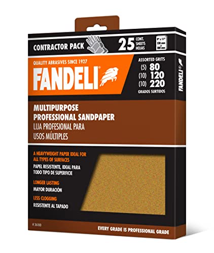 Fandeli | Multi-Purpose Sanding Paper | Assorted Grits (80,120,220) | 25 Sheets of 9'' x 11'' | Perfect for Sanding Metal and Sanding Wood | Hand Sanding | Orbital Sanders