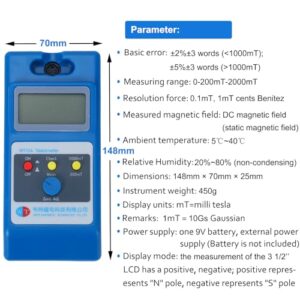 Homend LCD Gaussmeter Tesla Meter WT10A Surface Magnetic Field Tester with Ns Function + Metal Probe