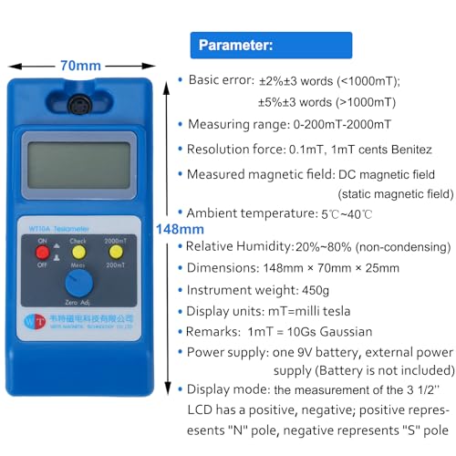 Homend LCD Gaussmeter Tesla Meter WT10A Surface Magnetic Field Tester with Ns Function + Metal Probe