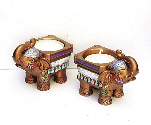 Painted Gold Elephant Tea Light Candle Holder Boho Indian Decor Accents Bohemian Decorations Small Gifts