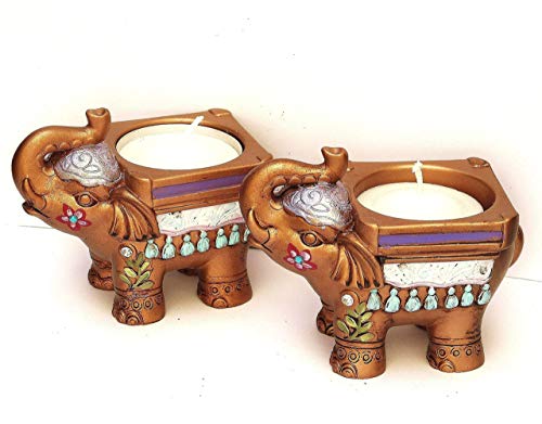 Painted Gold Elephant Tea Light Candle Holder Boho Indian Decor Accents Bohemian Decorations Small Gifts