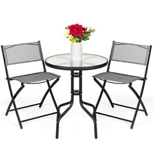 best choice products 3-piece patio bistro dining furniture set w/textured glass tabletop, 2 folding chairs, steel frame, polyester fabric - gray