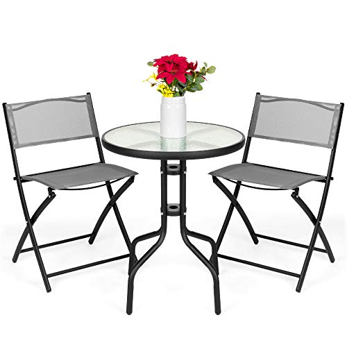 Best Choice Products 3-Piece Patio Bistro Dining Furniture Set w/Textured Glass Tabletop, 2 Folding Chairs, Steel Frame, Polyester Fabric - Gray