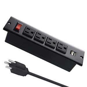 vilong recessed power strip with usb, black desktop power grommet, 1440 j 4-outlets with standard plug 9.8 ft power cord conference office home kitchen (black)