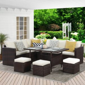 wisteria lane patio furniture set, 7 piece outdoor dining sectional sofa with dining table and chair, all weather wicker conversation set with ottoman, ivory