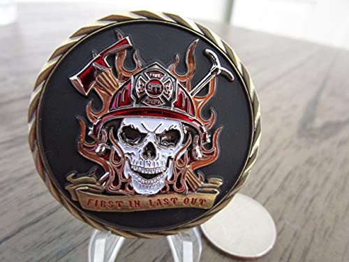 Firefighter Fireman First Responder First in Last Out 911 Skull Challenge Coin