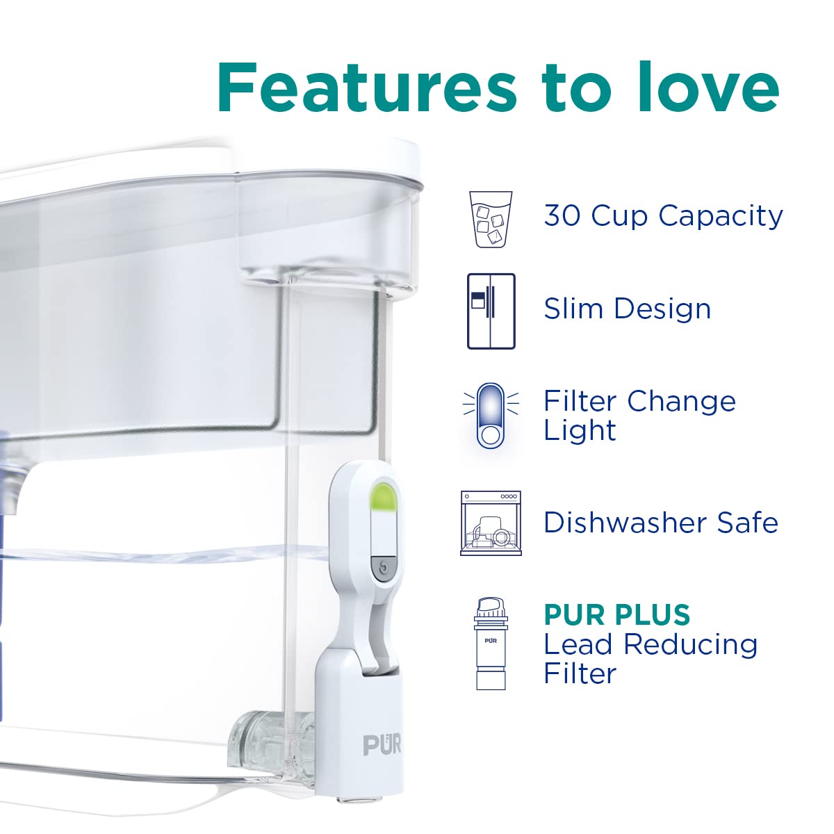 PUR PLUS Large Filtered Water Dispenser, 30 Cup – Includes 1 PUR PLUS Water Pitcher Filter, 1 Count (Pack of 1)