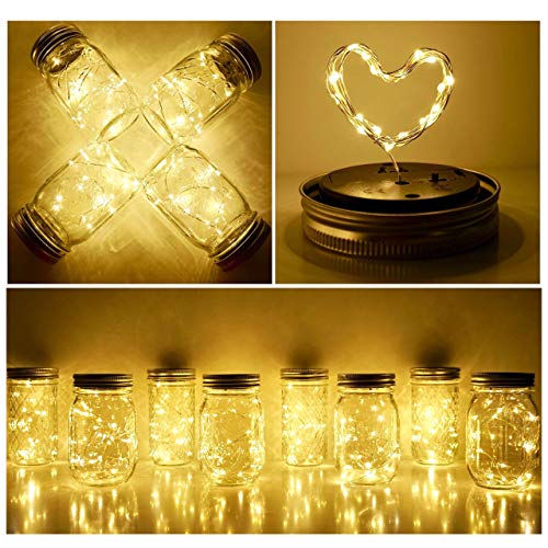 Solar Mason Jar Lid String Lights, 8 Pack 20 Led String Fairy Star Firefly Jar Lids Lights (Jars Not Included), for Mason Jar Patio Garden Wedding Lantern Table Decoration（ No Hangers（Warm White）