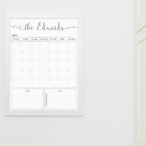 Customized Dry Erase Whiteboard Framed Calendar, Wet Erase or Dry Erase, 18x24 or 24x36 Wall Calendar, Monthly Calendar, Family Name Calendar