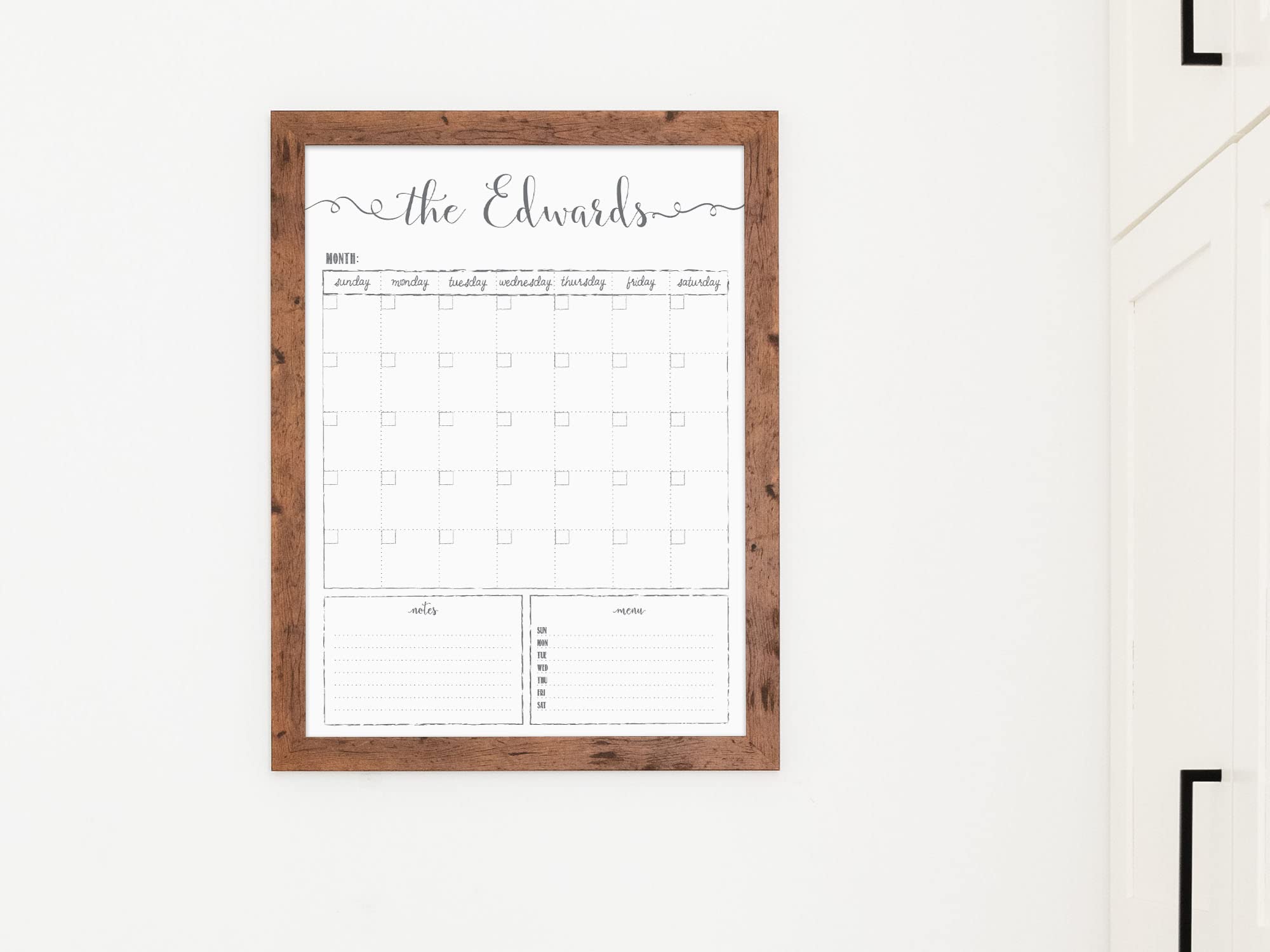 Customized Dry Erase Whiteboard Framed Calendar, Wet Erase or Dry Erase, 18x24 or 24x36 Wall Calendar, Monthly Calendar, Family Name Calendar