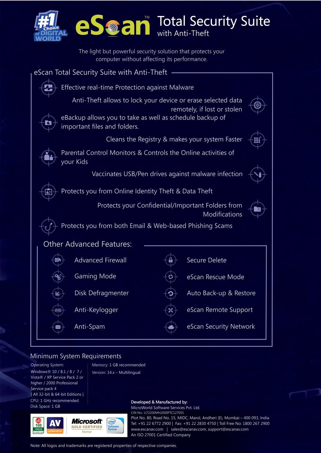 eScan Total Security Suite with Cloud Security Web Security Improves system performance Prevents USB infection | 3 Devices 1 Year|total protection 2019 Anti Ransomware Antitheft for stolen/lost device