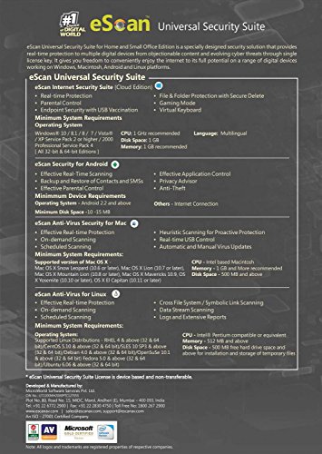 eScan Universal Security Suite Internet Security Includes Parental Control PC Cloud Backup Dark Web Monitoring Complete Antivirus Software 3 OS license [3 Devices 1 Year PC/Mac/Android/Linux/iPhone]