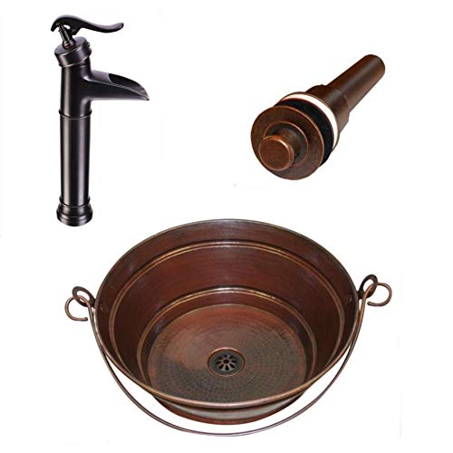 SimplyCopper 15" Round Copper Vessel BUCKET Sink with 13" ORB Faucet and Lift & Turn Drain