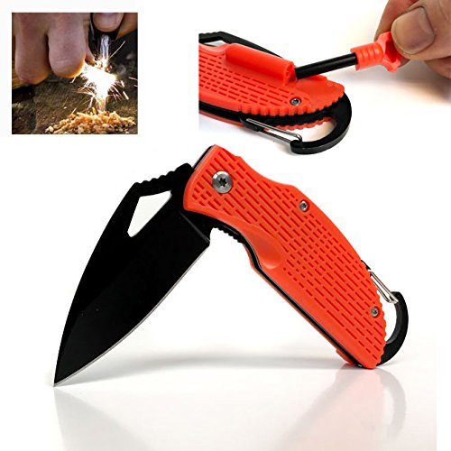 AttractionOil Gifts Survival Orange Pocket Knife With Fire Starter & Carabiner Clip