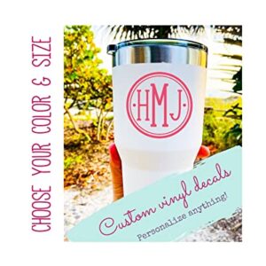 Custom Monogram Vinyl Decal - Initial Bumper Sticker, for Tumblers, Laptops, Car Windows -Circle with Simple Letters & Dot Design