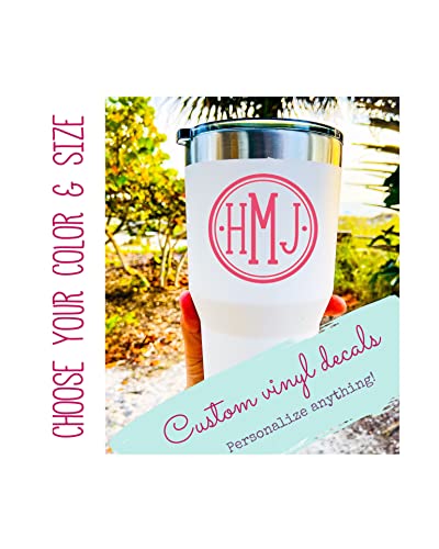 Custom Monogram Vinyl Decal - Initial Bumper Sticker, for Tumblers, Laptops, Car Windows -Circle with Simple Letters & Dot Design