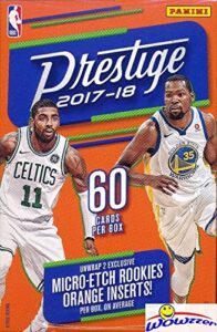 2017/18 panini prestige nba basketball huge 60 card factory sealed hanger box with (2) micro-etch rookies! look for rc’s & autographs of donovan mitchell, jayson tatum, lonzo ball & more! wowzzer!