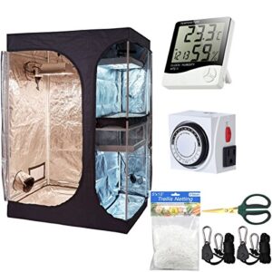 bloomgrow 36''x24''x53'' 2-in-1 grow tent room w/waterproof floor tray + grow light hanger + digital hygrometer + bonsai shears + 24 hour timer + trellis netting indoor grow tent kit