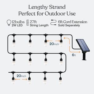 Brightech Ambience Pro Solar Powered Outdoor String Lights - Commercial Grade 27 Ft Waterproof Patio Lights with 12 Edison Bulbs, Shatterproof LED Christmas String Lights for Patio - 2W, Soft White