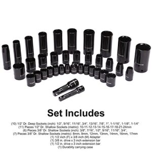 CASOMAN Complete 3/8" and 1/2” Drive Impact Socket Set, Inch (SAE) /Metric, Cr-V, 6-Point, 3/8"- 1-1/4", 8 mm - 24 mm, Deep & Shallow, 38-Piece Impact Socket Set