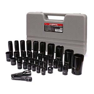 CASOMAN Complete 3/8" and 1/2” Drive Impact Socket Set, Inch (SAE) /Metric, Cr-V, 6-Point, 3/8"- 1-1/4", 8 mm - 24 mm, Deep & Shallow, 38-Piece Impact Socket Set