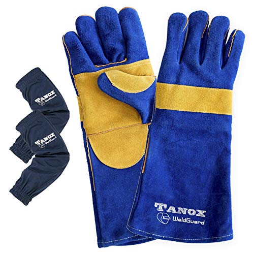 Leather Forge Welding Gloves Heat/Fire Resistant, Mitts16 inch long for Oven/Grill/Fireplace/Furnace/Stove/Pot Holder/Tig Welder/Mig/BBQ/Animal handling glove with Bonus: protection sleeves – Blue