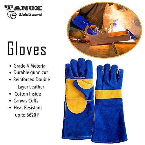 Leather Forge Welding Gloves Heat/Fire Resistant, Mitts16 inch long for Oven/Grill/Fireplace/Furnace/Stove/Pot Holder/Tig Welder/Mig/BBQ/Animal handling glove with Bonus: protection sleeves – Blue