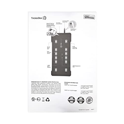 TrickleStar TS1205 12-Outlet PRO Series Surge Protector with 2 USB Charging Ports 3420 Joules, Ceramic, Fireproof/Surge Protection