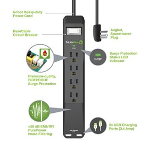 TrickleStar TS1206 4 Outlet PRO Series Surge Protector with 2 USB Charging Ports, 1080 Joules, Ceramic, Fireproof Surge Protection, Reduce Plug-Load