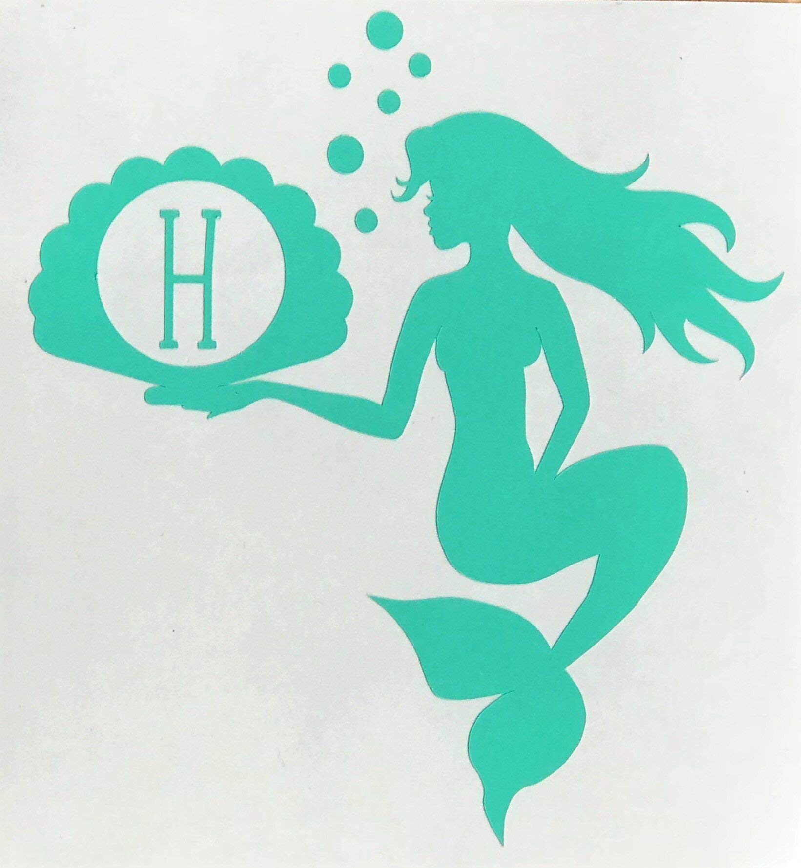 Custom Mermaid Initial Monogram Vinyl Decal - Beach Bumper Sticker, for Tumblers, Laptops, Car Windows -Shell & Bubbles Design