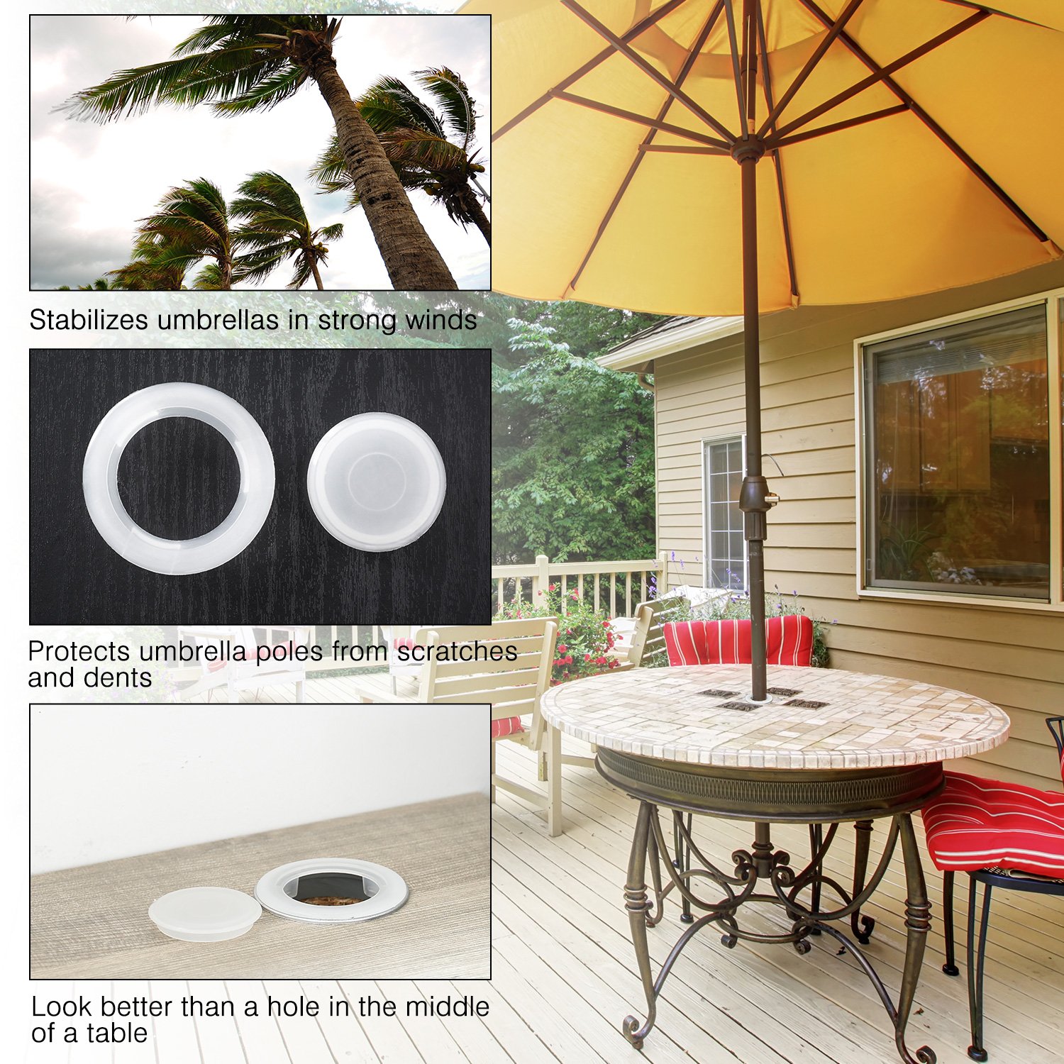 Bememo 2 Inch Patio Table Umbrella Hole Ring and Cap Set, Standard Size Umbrella Thicker Hole Ring Plug and Cap Set(Translucent, 1 Set)