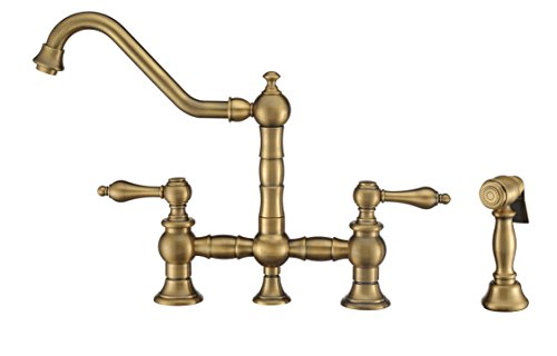 Whitehaus Collection WHKBTLV3-9201-NT-AB Vintage III Plus Bridge Faucet with Long Traditional Swivel Spout, Lever Handles and Solid Brass Side Spray, One Size, Antique Brass